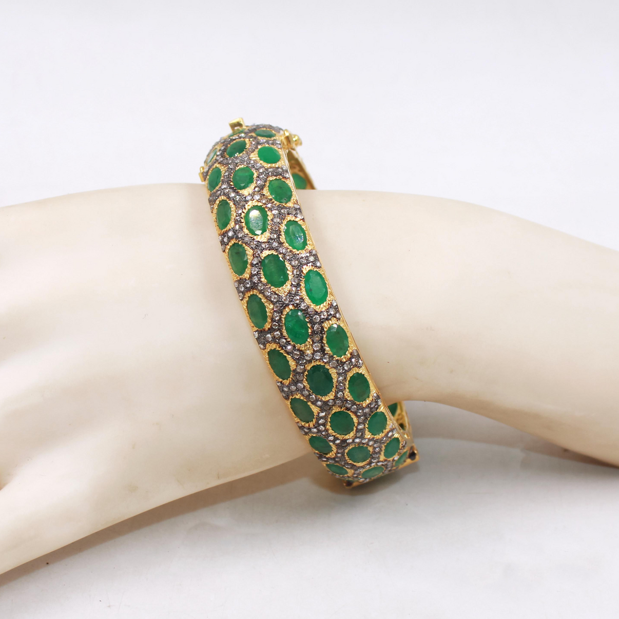 Natural Emerald & Diamond Bangle – Gold Plated 925 Sterling Silver Vin ...
