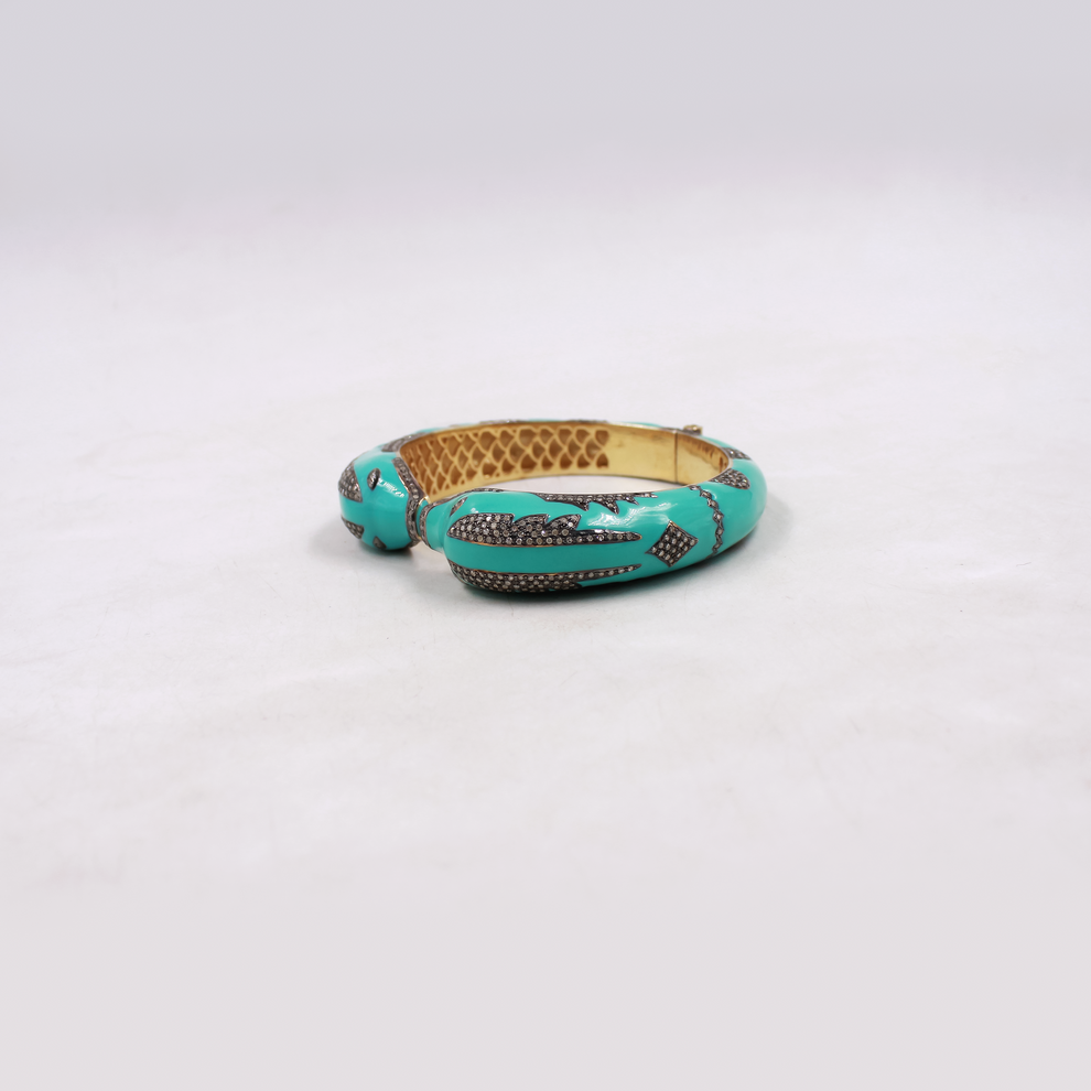 Natural Pave Diamond Dolphin Bangle With Turquoise Enamel In Gold Plat ...