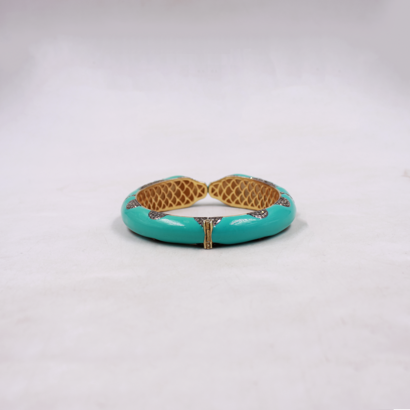 Natural Pave Diamond Dolphin Bangle With Turquoise Enamel In Gold Plat ...