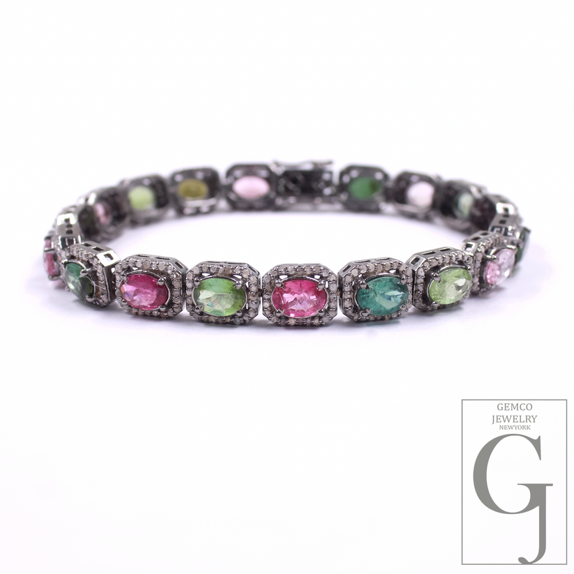 Multi Tourmaline Bracelet With Pave Rosecut Diamonds In 925 Sterling S ...