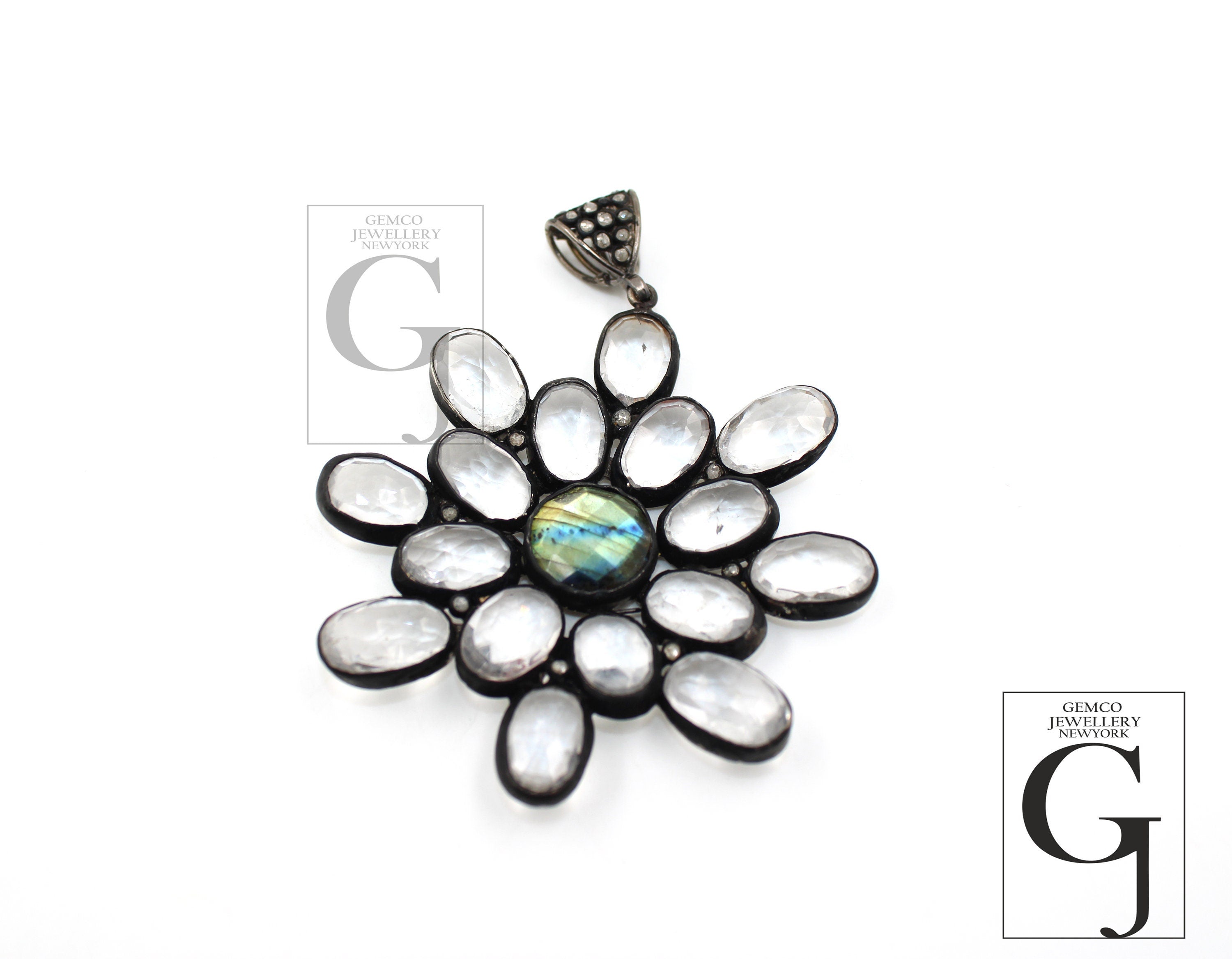 Healing crystal labradorite flower designer Rosecut pave diamond penda ...
