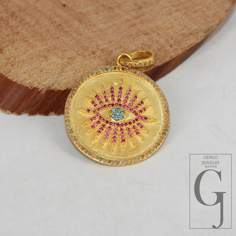 14k Gold Finish Evil Eye Pendant Designer Rosecut Pave Diamond Pendant ...