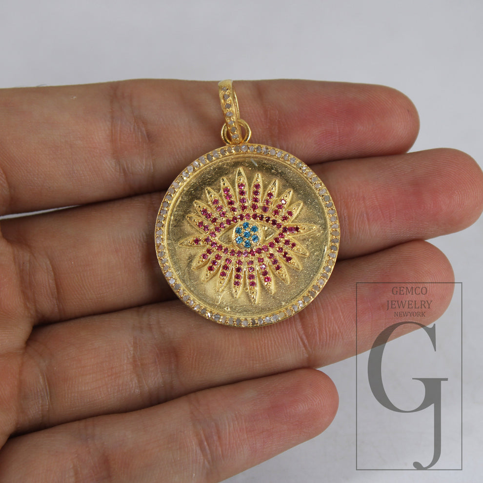 14k Gold Finish Evil Eye Pendant Designer Rosecut Pave Diamond Pendant ...