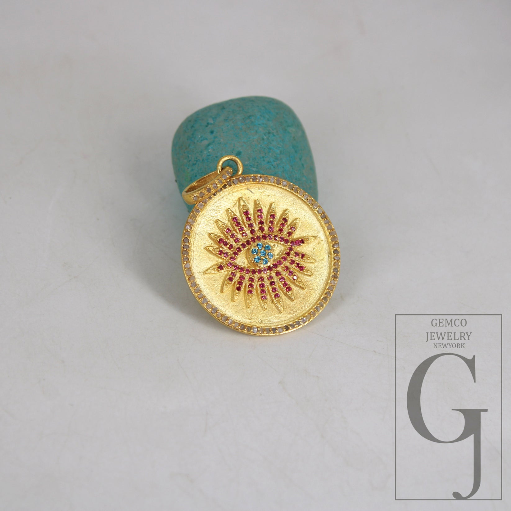 14k Gold Finish Evil Eye Pendant Designer Rosecut Pave Diamond Pendant ...