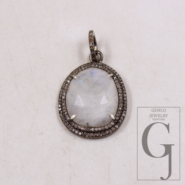 Oxidized Rainbow Moonstone Pendant Rosecut Pave Diamond Pendant 925 St ...